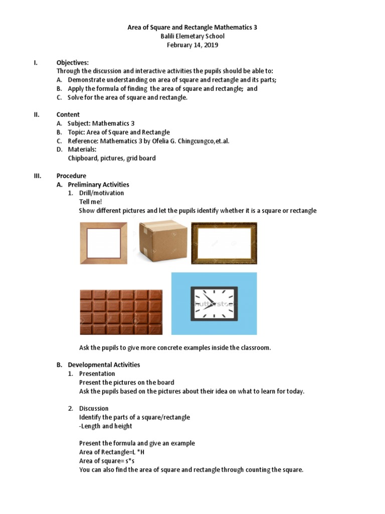 Area Of Square And Rectangle Mathematics 3 Pdf Area Teaching