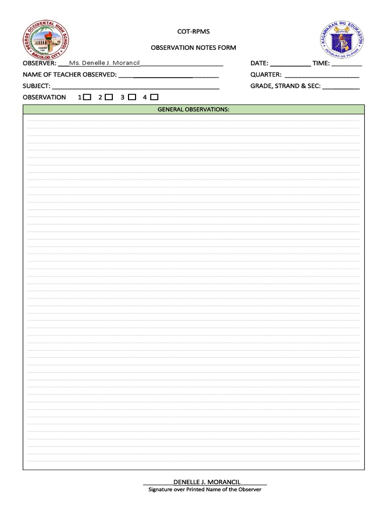 COT RPMS Observation Notes Form | PDF