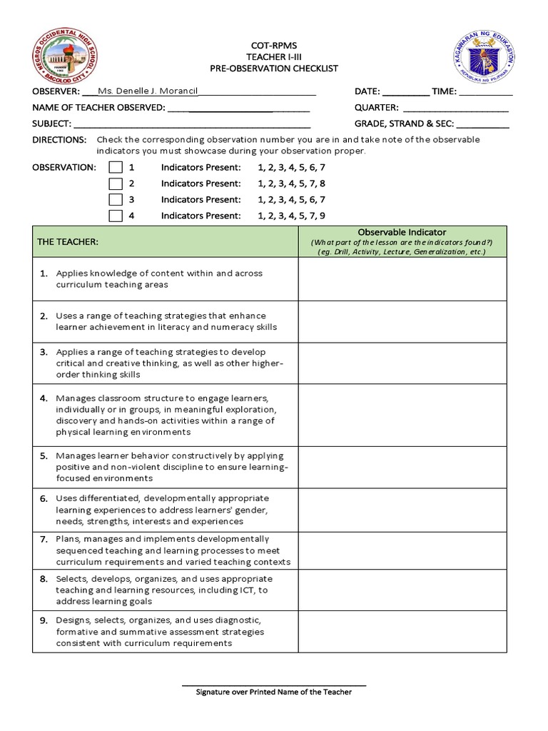 COT RPMS TI III Pre Observation Checklist | Download Free PDF ...