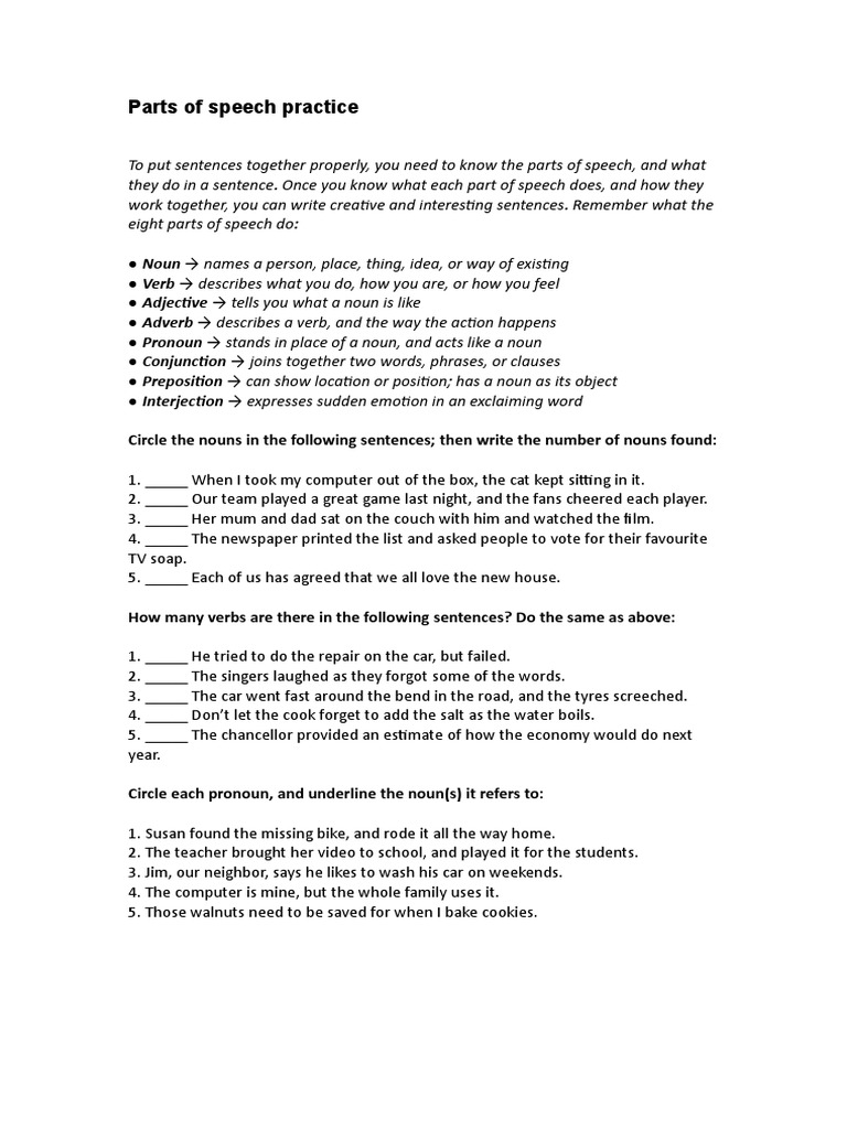 Parts of Speech Practice Exercises | PDF | Part Of Speech | Noun