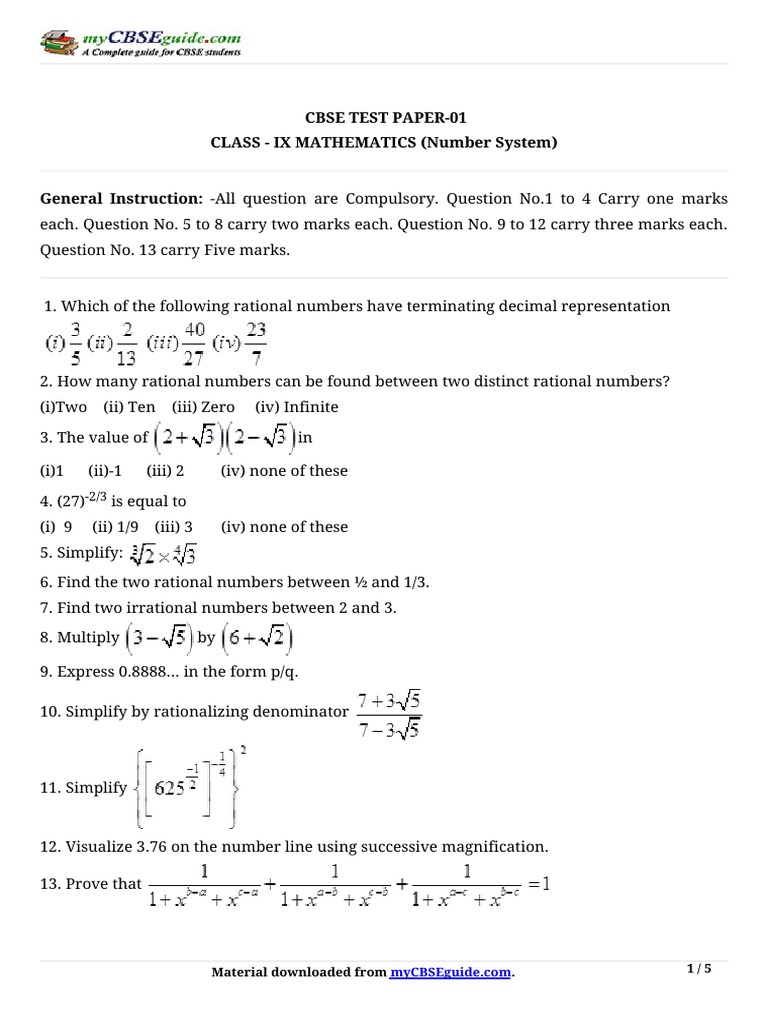 9 Mathematics Test Paper Ch1 1 | Download Free PDF | Rational Number ...