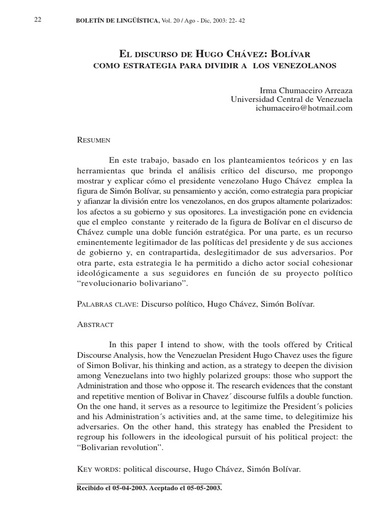 El Discurso de Hugo Chavez Irma Chumaceiro | PDF | Hugo Chavez | Venezuela