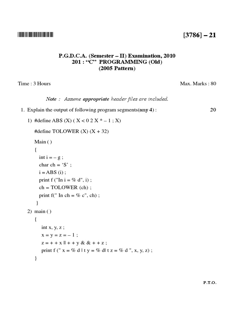 P.G.D.C.A. (Semester - II) Examination, 2010 201: "C" PROGRAMMING (Old ...