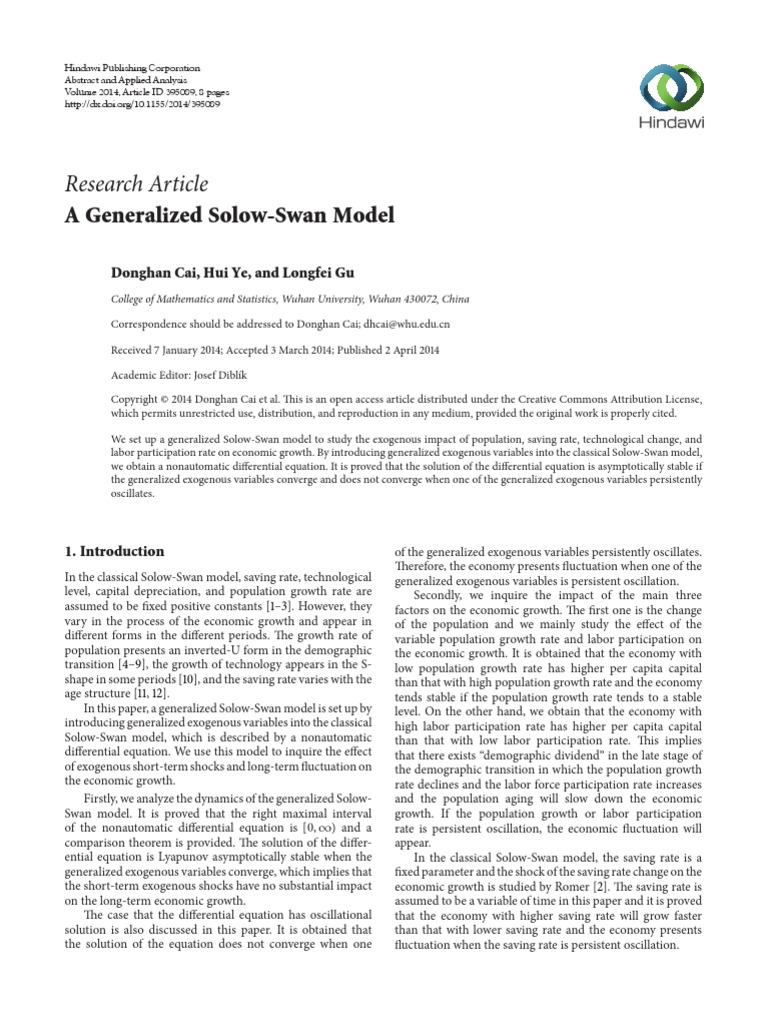 Research Article: A Generalized Solow-Swan Model | PDF | Economic ...