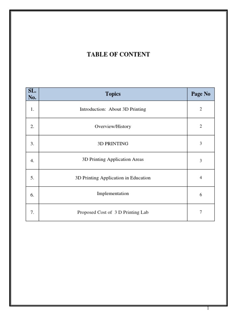Table of Content: SL. No. Topics Page No | PDF | 3 D Printing | 3 D ...