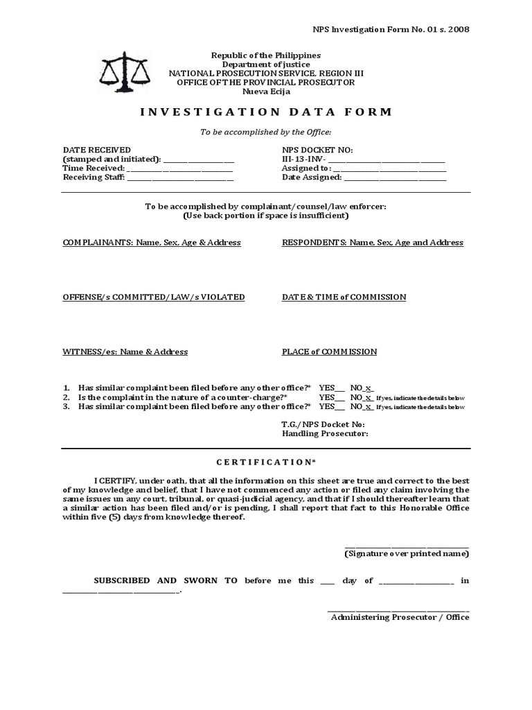 Investigation Data Form | PDF | Prosecutor | Complaint