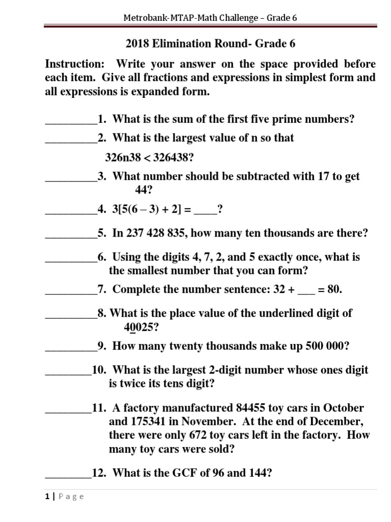 Sample 2018 GRADE 6 Solution MTAP | PDF | Fraction (Mathematics ...