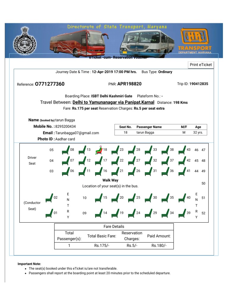 Haryana Roadways eTicket Details | PDF | Identity Document | Ticket ...