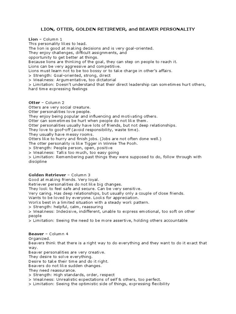 Lion, Otter, Golden Retirever, and Beaver Personality | PDF