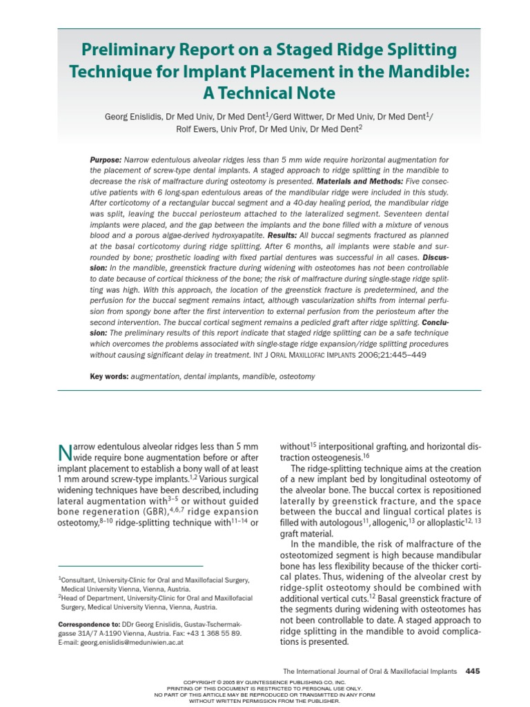 Preliminary Report On A Staged Ridge Splitting Technique For Implant ...