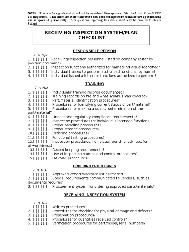 Receiving Inspection System/Plan Checklist: Responsible Person | PDF ...