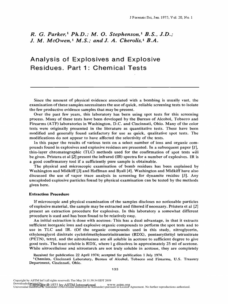 Analysis of Explosives and Explosive Residues. Part 1" Chemical Tests ...