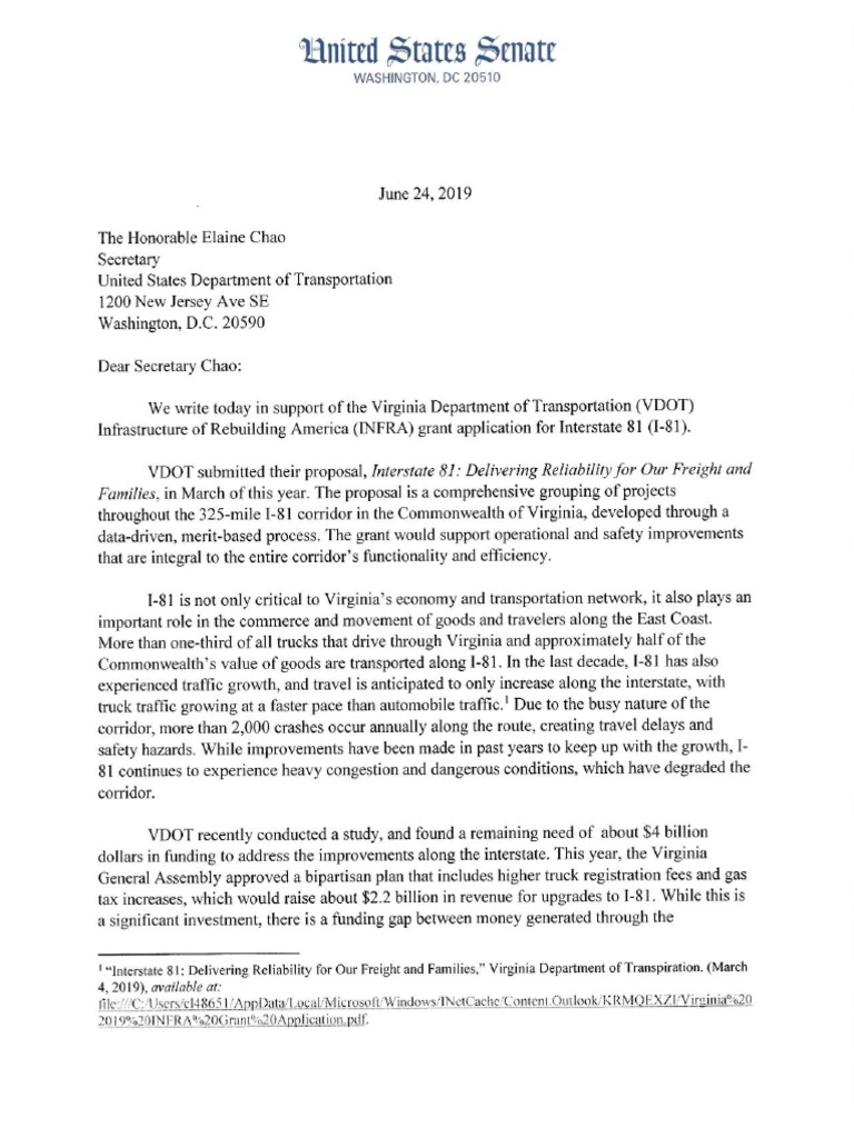6.24.19 DOT Letter On Interstate-81 | PDF