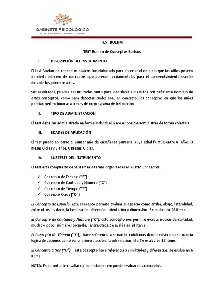 Test Boehm de Conceptos Básicos PDF | PDF | Cognición | Sicología