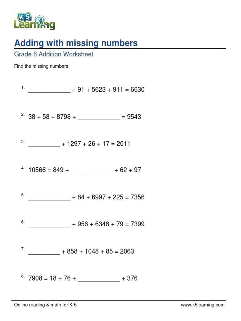 Grade 6 Missing Number Addition Worksheet | PDF