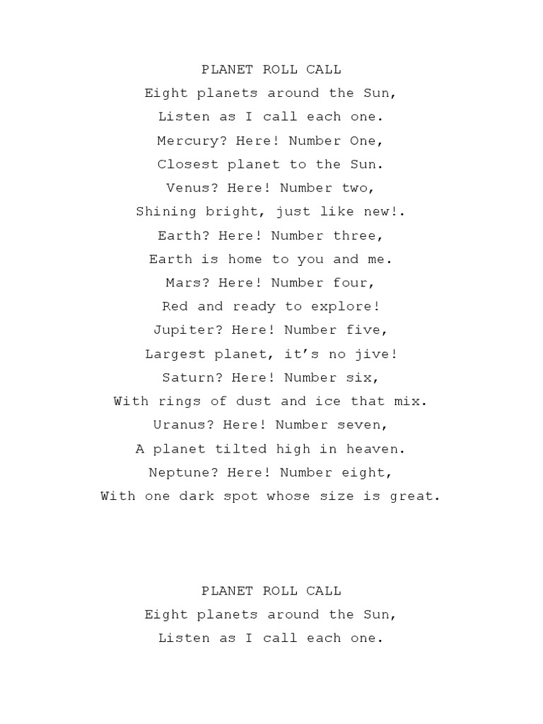 Classroom Solar System Poem