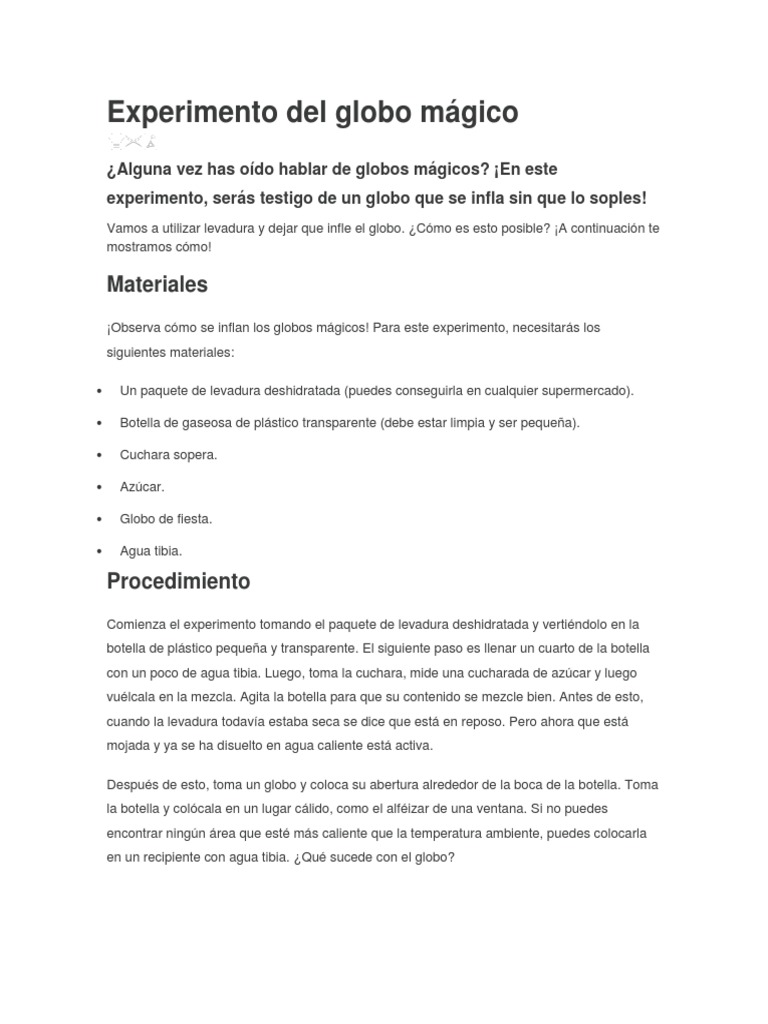 Experimento Del Globo Mágico | PDF | Levadura | Imán