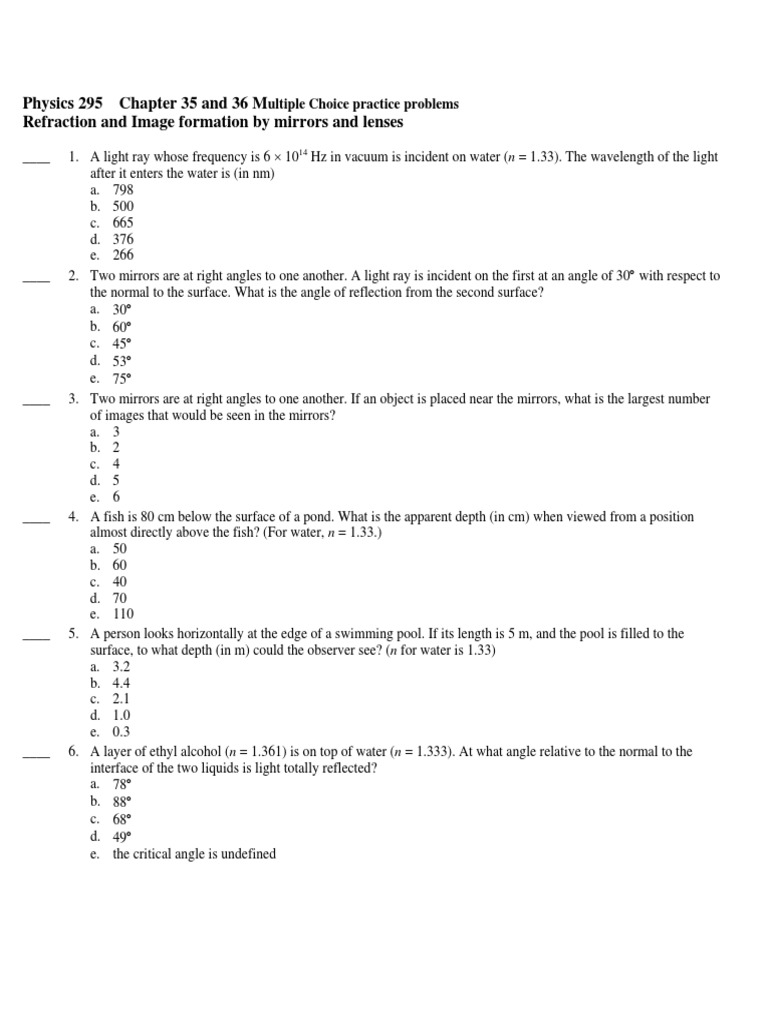 Physics 295 Chapter 35 and 36 M Refraction and Image Formation by Mirrors and Lenses | PDF ...