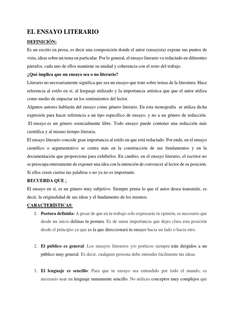 El Ensayo Literario Monografia | Ensayos | Autor