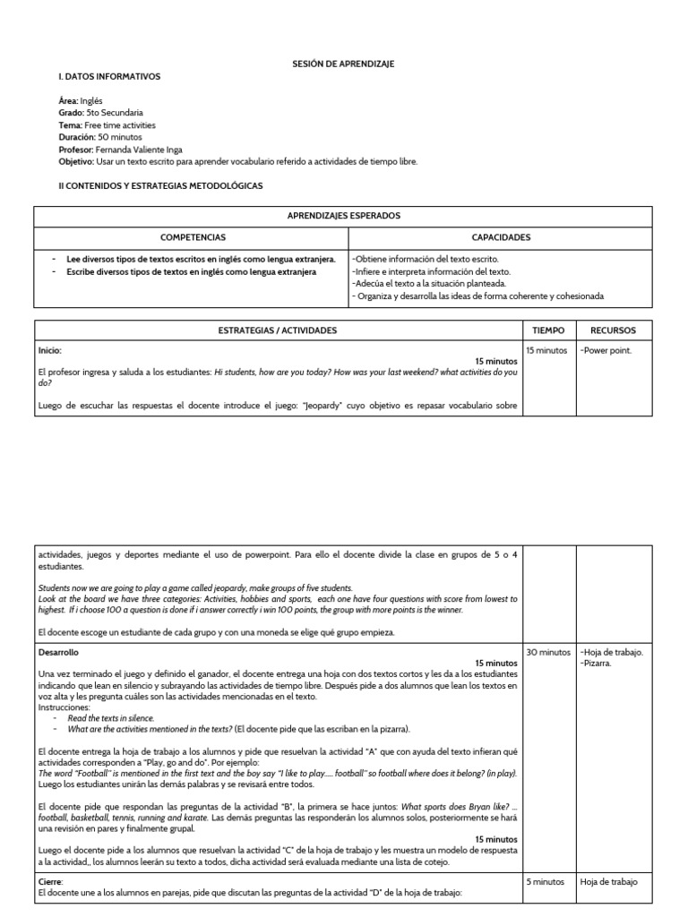 Actividades de Tiempo Libre en Inglés | PDF