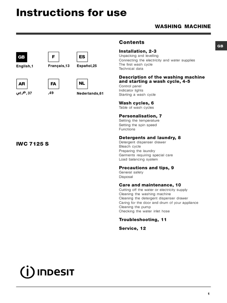 Indesit IWC 7125 S Washing Machine | PDF | Washing Machine | Waste ...
