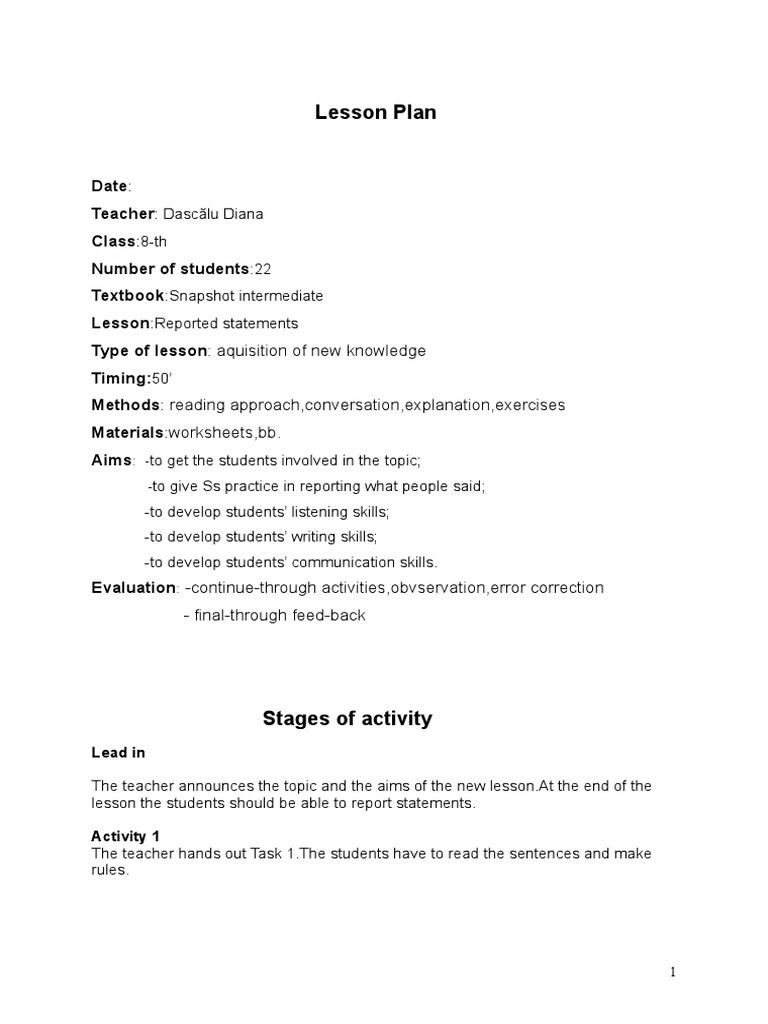 Lesson Plan: Date Teacher Class Number of Students Textbook Lesson Type ...