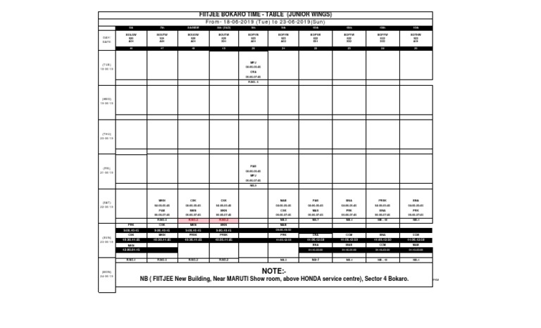 Fiitjee Bokaro Time - Table (Junior Wings) : From-18-06-2019 (Tue) To 23-06-2019 (Sun) | PDF