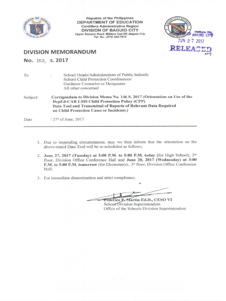 Division Memo No. 153 S. 2017 Corrigendum To Division Memo No. 146 S ... Division Memo No. 153 S. 2017 Corrigendum To Division Memo No. 146 S ...