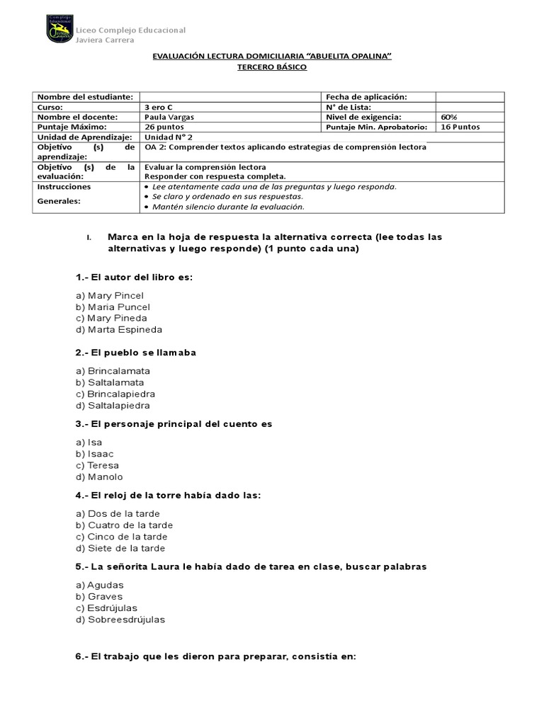 Evaluación Abuelita Opalina | PDF | Educación avanzada