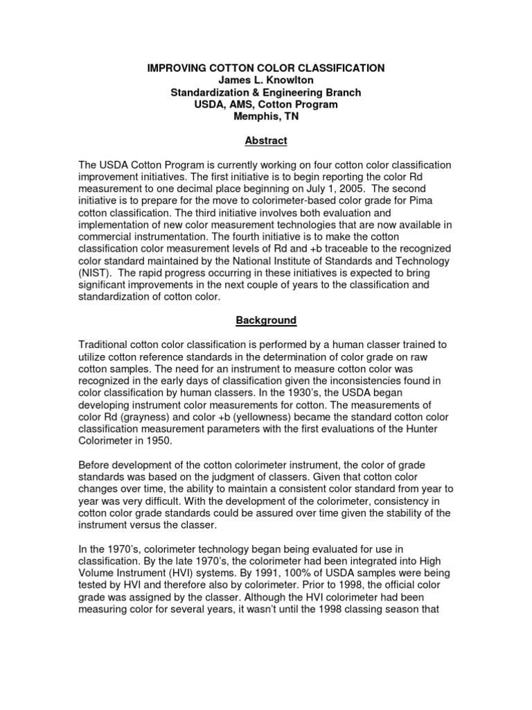 Improving Cotton Color Classification James L. Knowlton Standardization ...