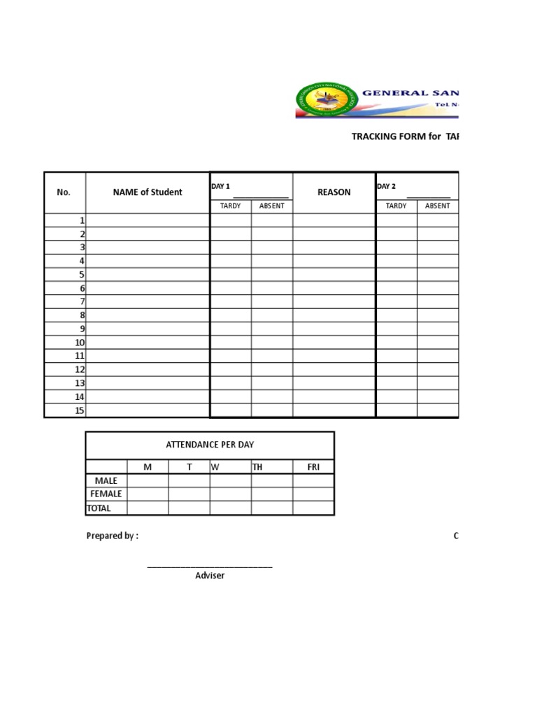 NAME of Student Reason: TRACKING FORM For TARDY and ABSENT STUDENTS OF ...