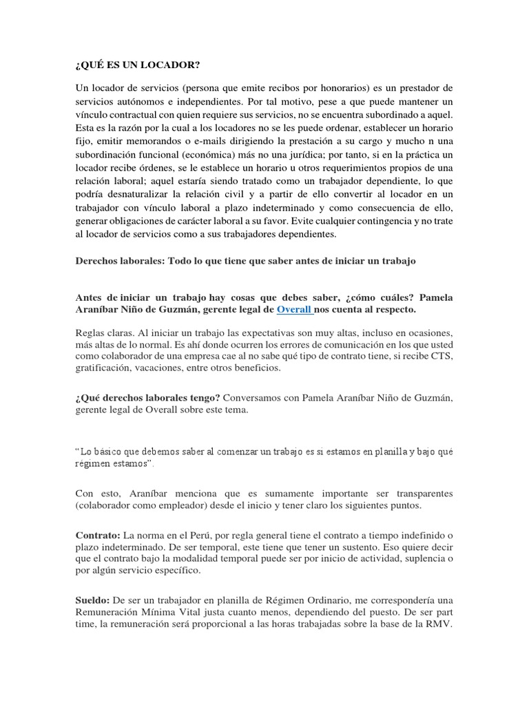 Definición y rol del locador de servicios | PDF | Derecho laboral | Salario