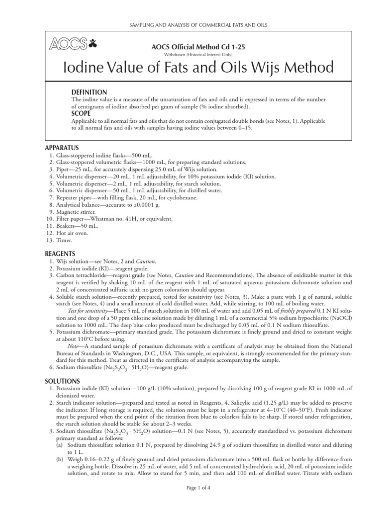 Iodine Value Determination: Wijs Method | PDF | Iodine | Titration
