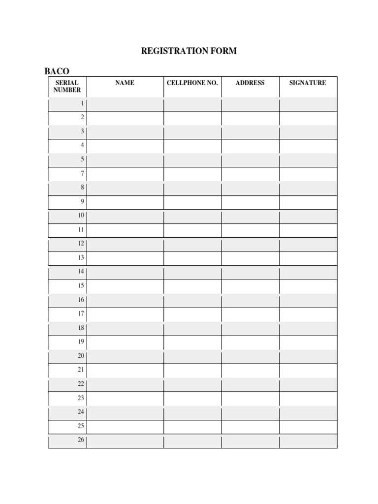 Registration Form Baco: Serial Number Name Cellphone No. Address ...