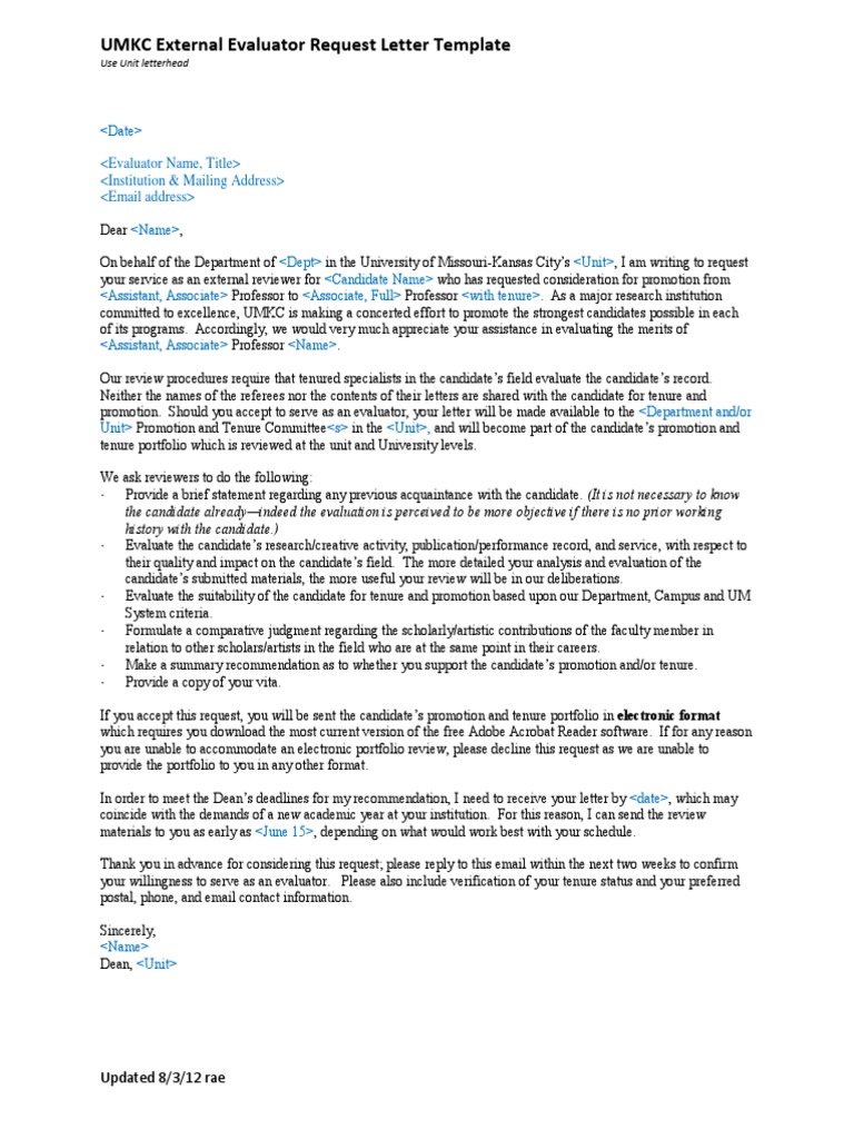 UMKC External Evaluator Request Letter Template: Use Unit Letterhead ...