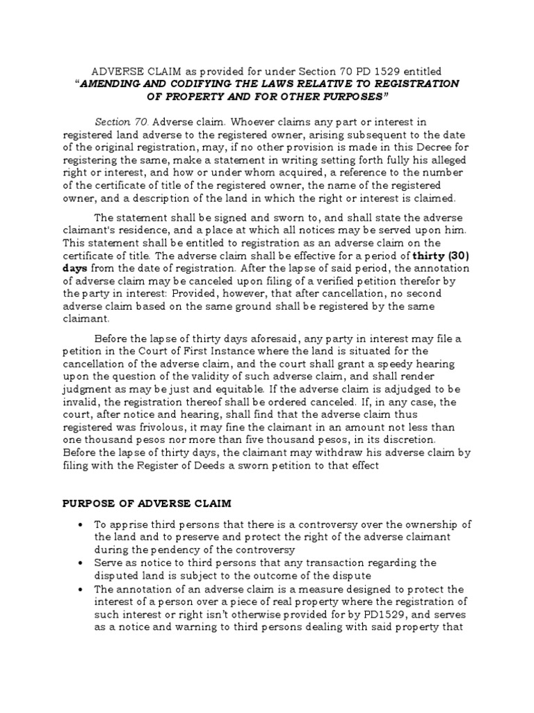 Adverse Claim Procedures Under PD 1529 | PDF | Real Property | Ownership