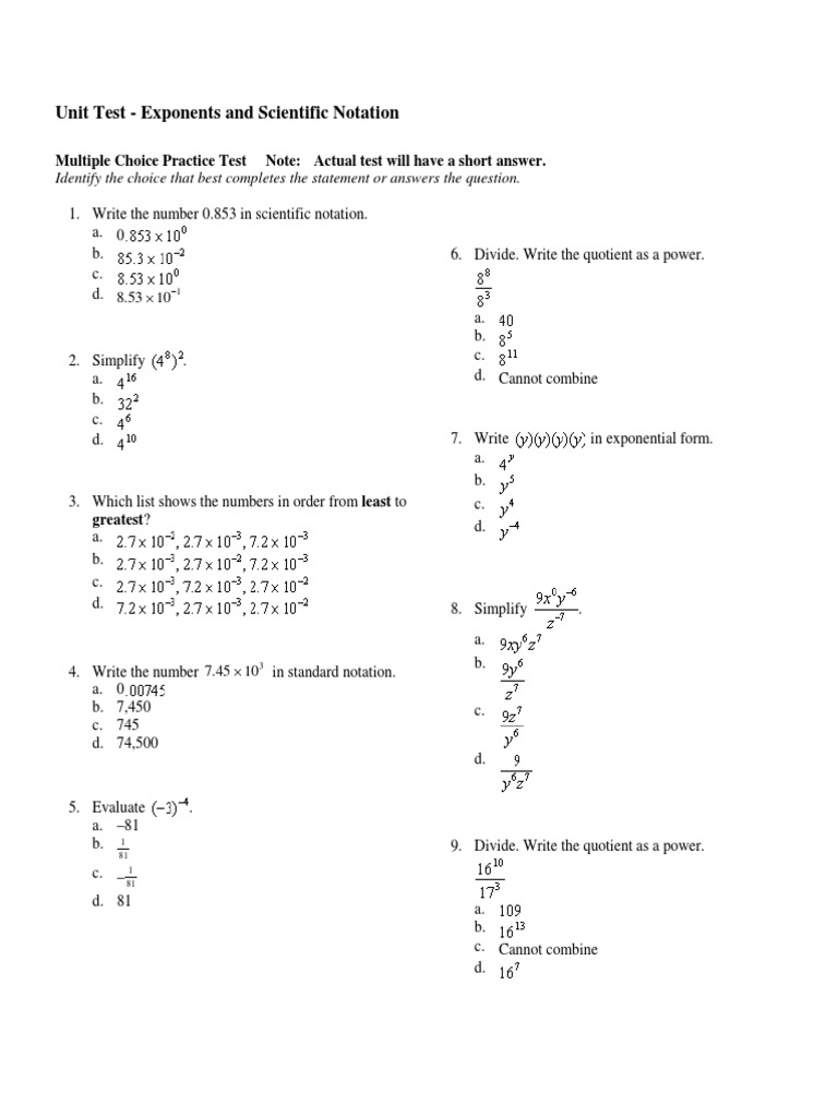 Exponents Practice Test | PDF | Exponentiation | Elementary Mathematics