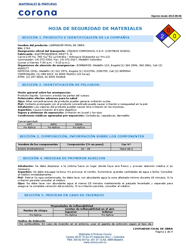 Limpiador Final de Obra Azul Documento de Seguridad 807010001 1 PDF ...