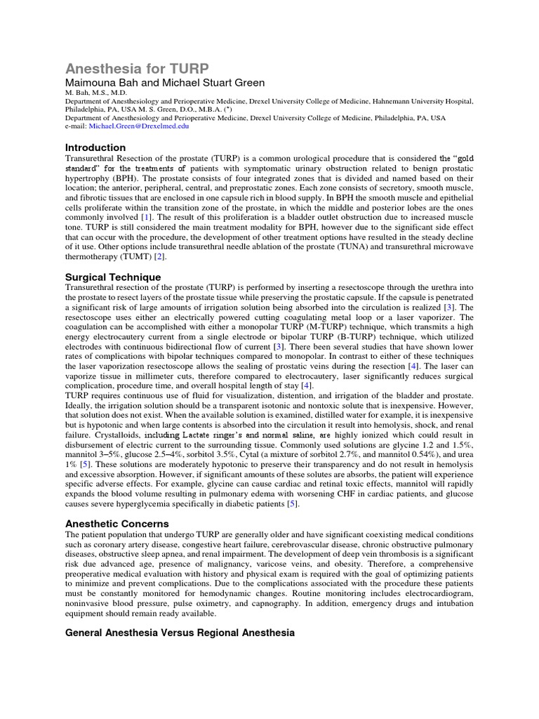 Anesthesia For TURP: Maimouna Bah and Michael Stuart Green | PDF ...