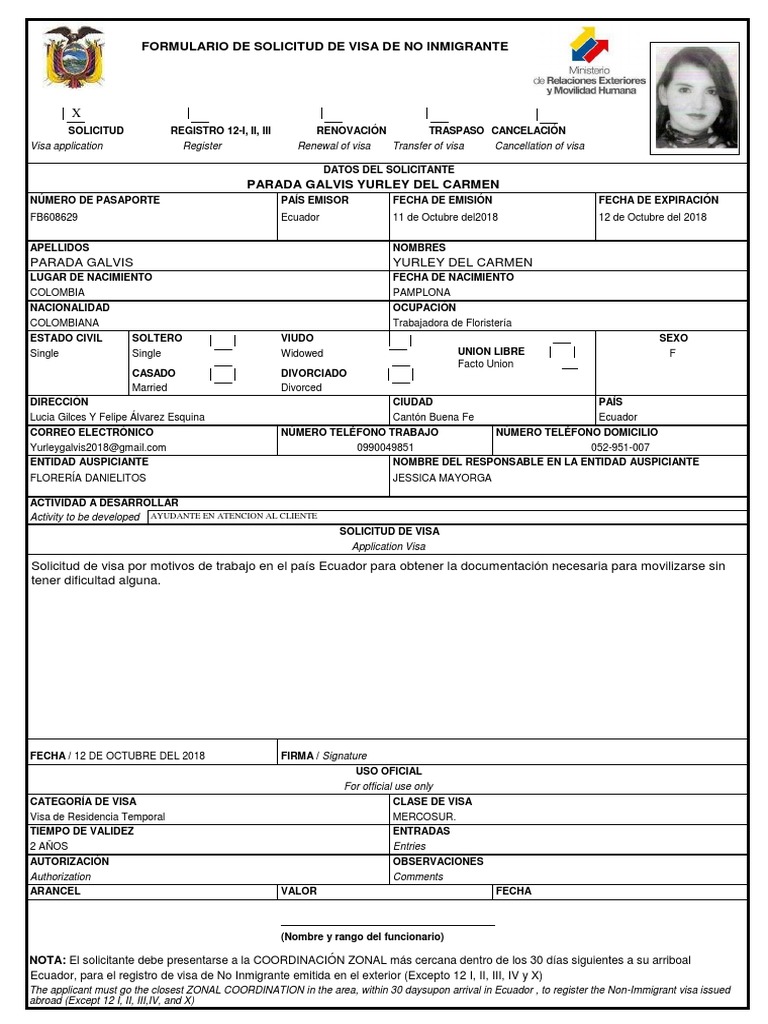 Solicitud de visa de trabajo temporal en Ecuador | PDF | Documentos oficiales | Gobierno y ...