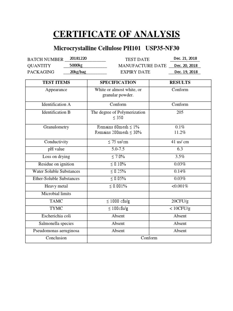 Certificate of Analysis: Microcrystalline Cellulose PH101 USP35-NF30 | PDF