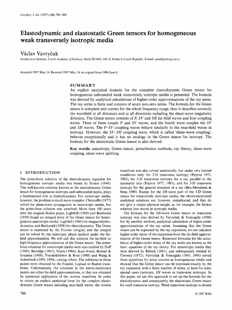 Elastodynamic and Elastostatic Green Tensors For Homogeneous Weak Transversely Isotropic Media ...