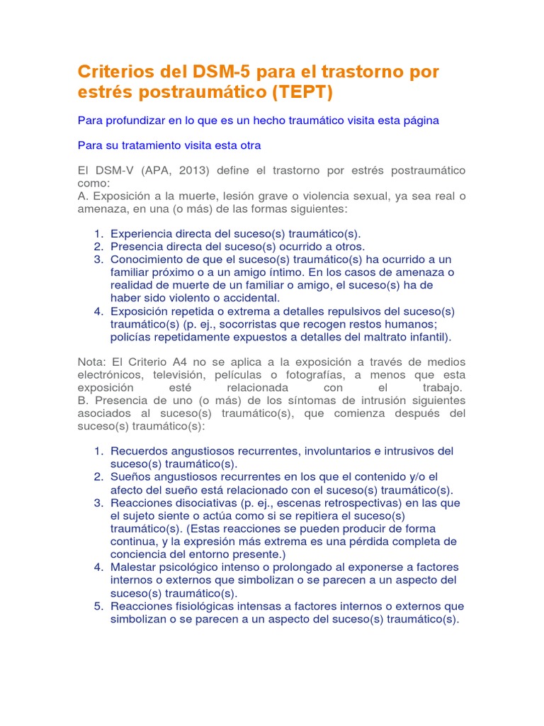Criterios Del DSM V - Trastorno Por Estres Post Traumatico | PDF | Trastorno de estrés ...