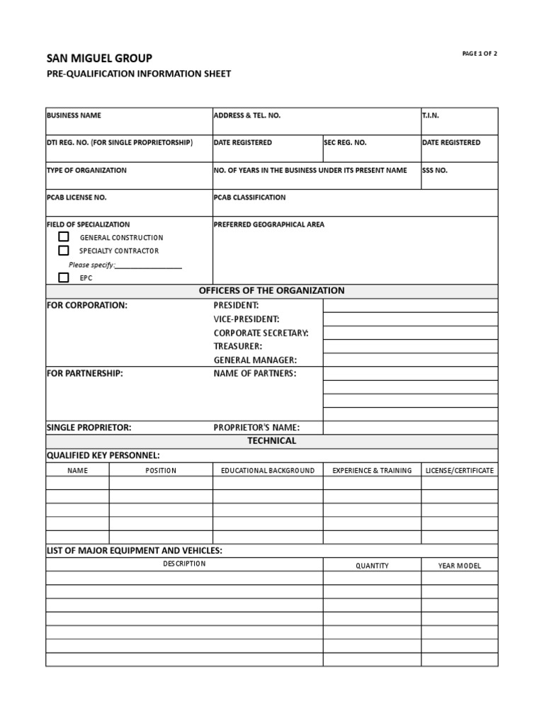 Pre-Qualification Information Sheet | PDF | Sole Proprietorship ...