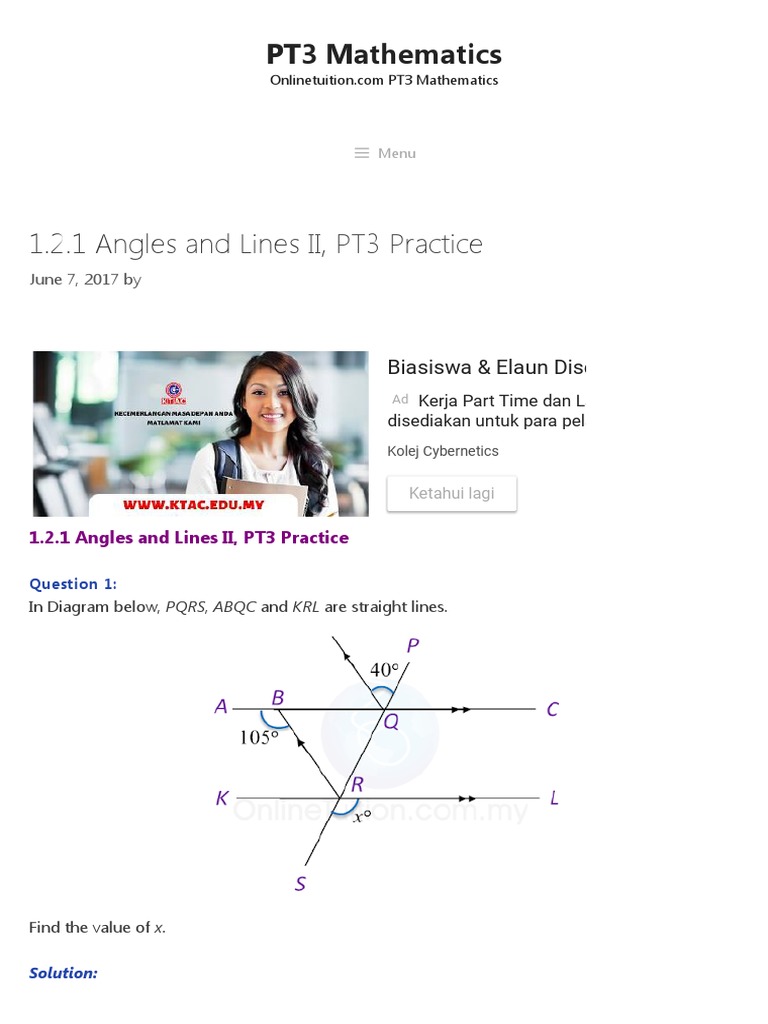 1.2.1 Angles and Lines II, PT3 Practice - PT3 Mathematics | PDF ...