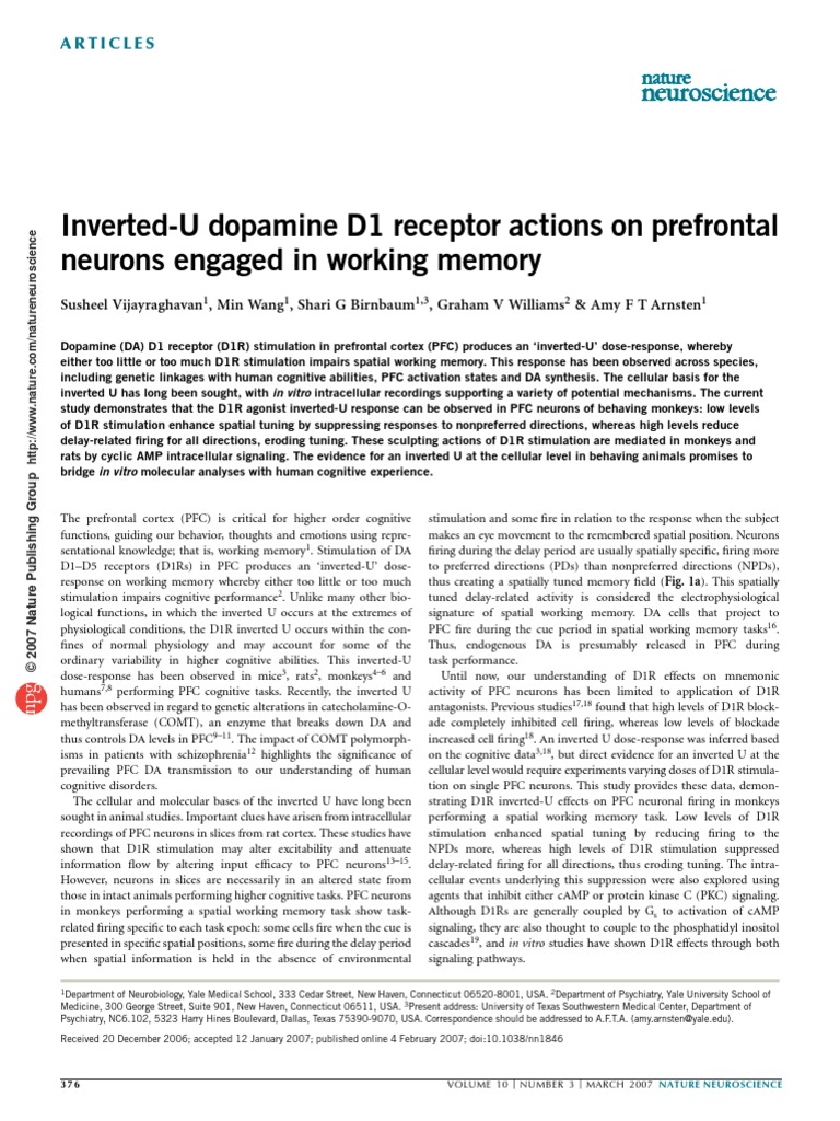 Inverted-U Dopamine D1 Receptor Actions On Prefrontal Neurons Engaged ...