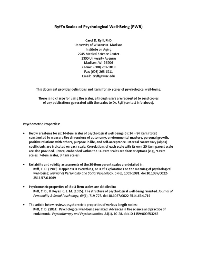 Ryff Scale | PDF | Internal Consistency | Psychometrics