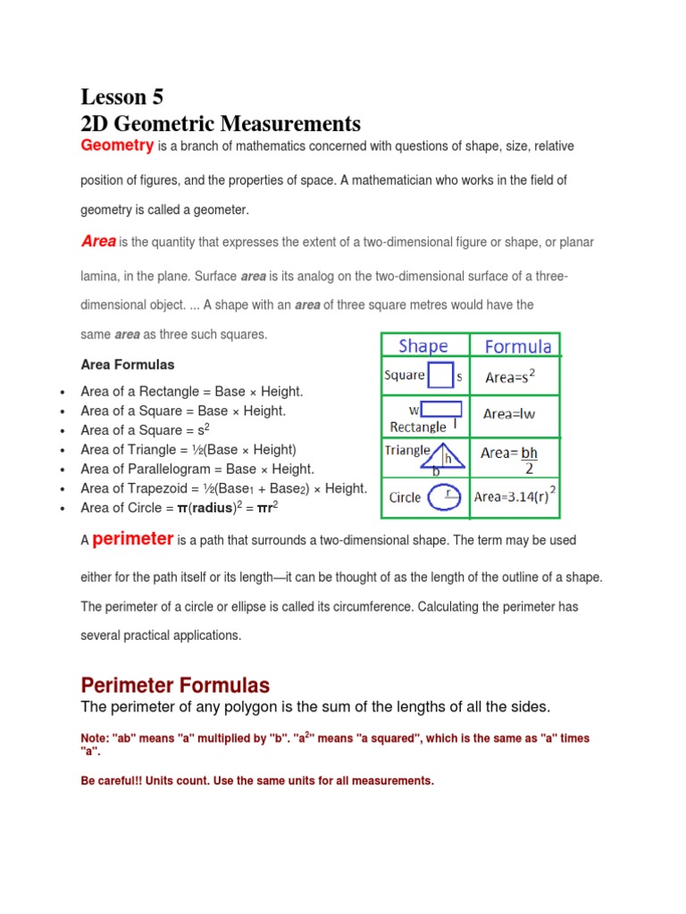 Lesson 5 2D Geometric Measurements: Geometry | PDF | Area | Euclidean ...
