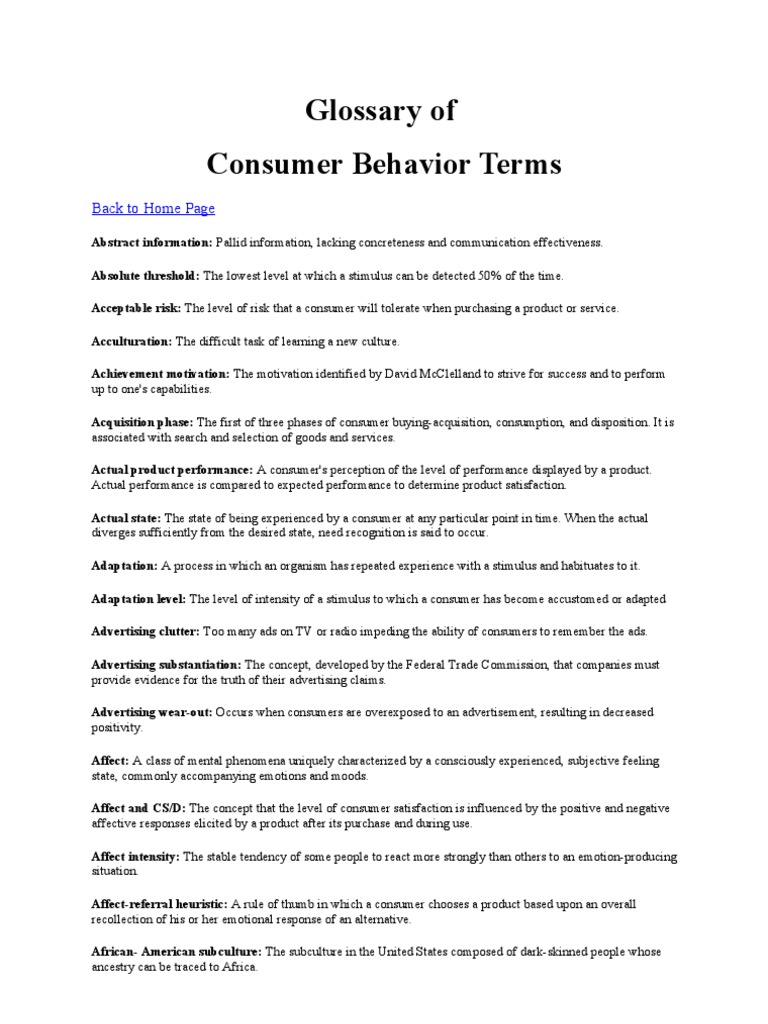 Consumer Behavior Terminology Glossary | PDF | Attitude (Psychology ...