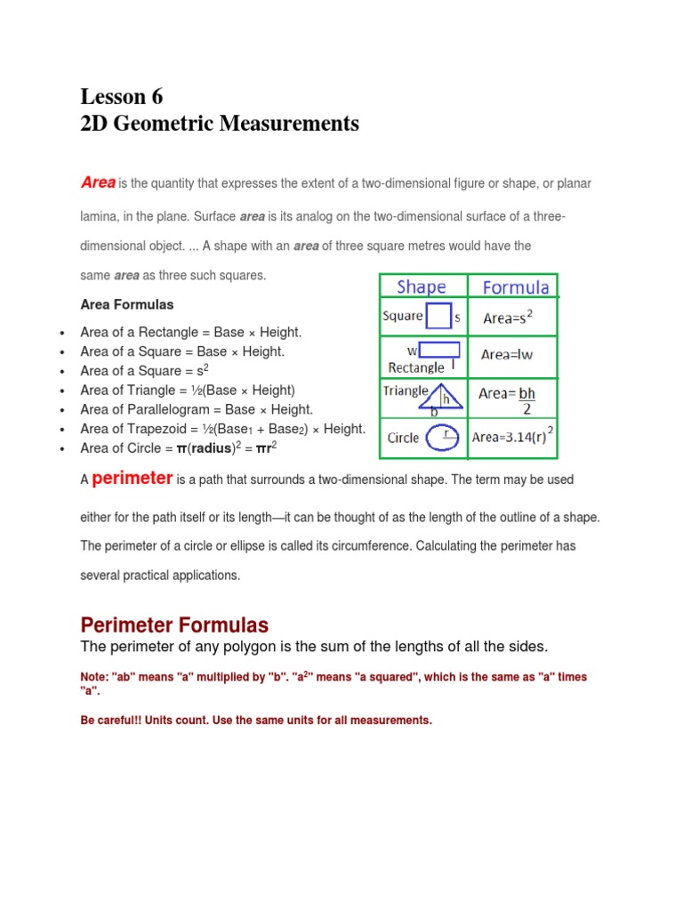 Lesson 6 - 2D Measurements | Download Free PDF | Area | Geometric Shapes
